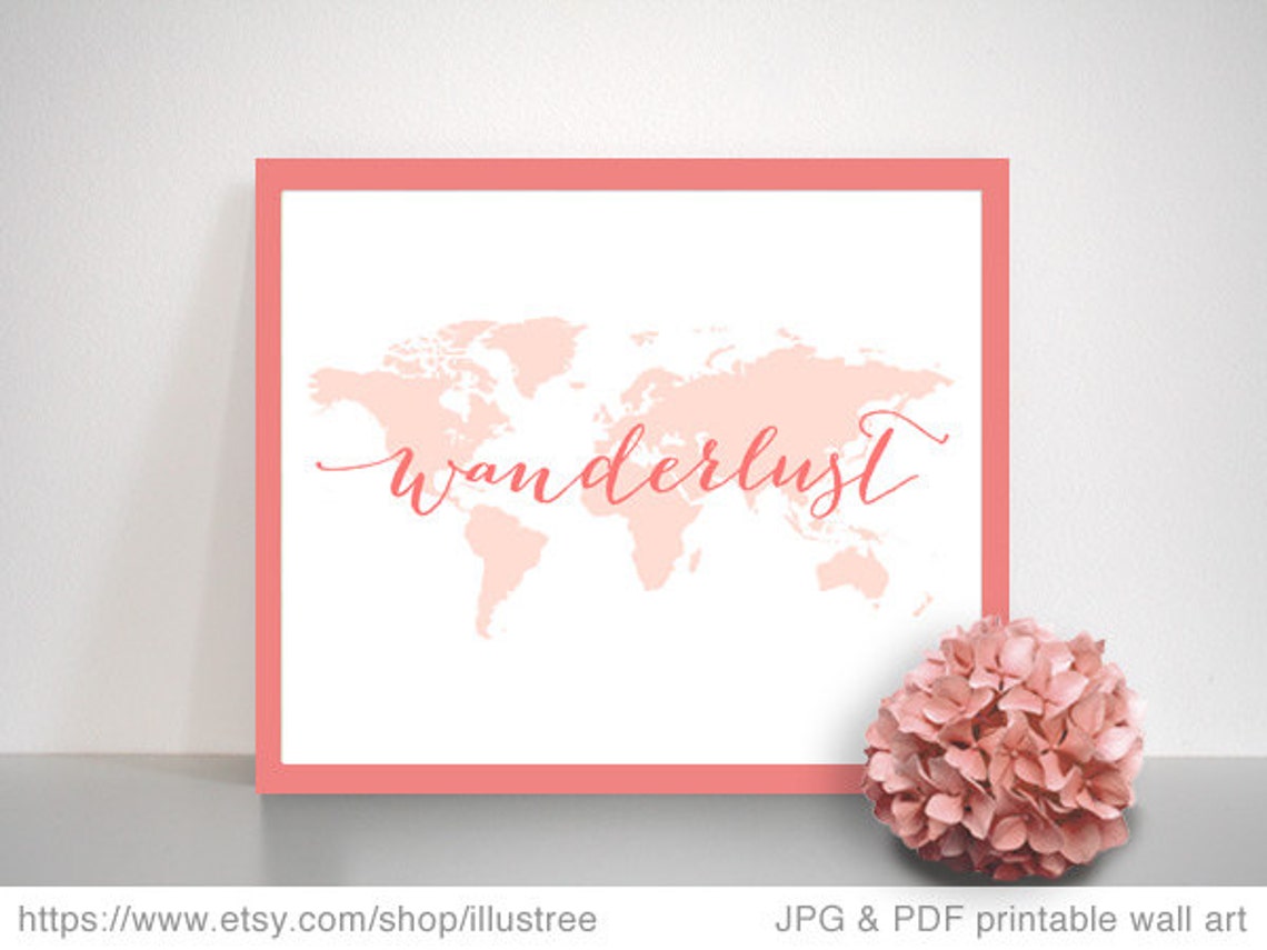 Wanderlust World Map Printable Wall Art Teal and Coral | Etsy