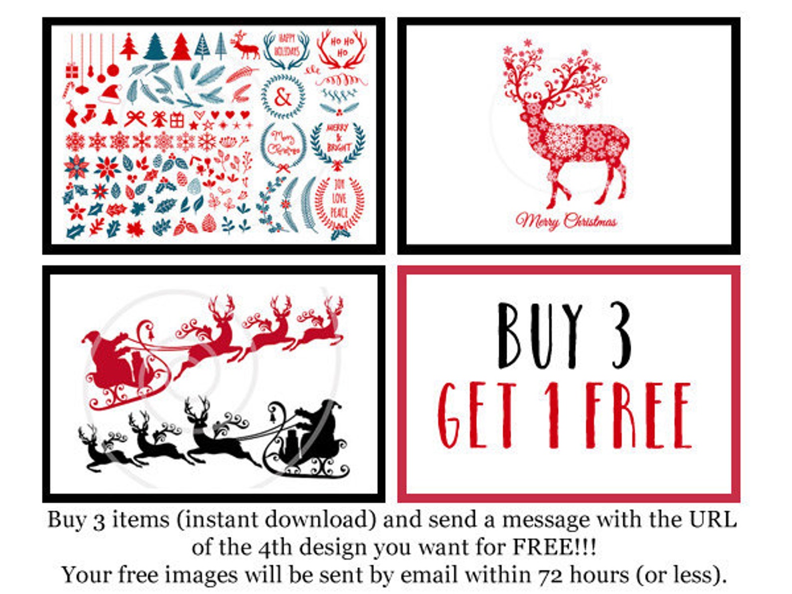 Christmas Card, Birch Trees With Reindeer, Digital Clipart, Printable ...