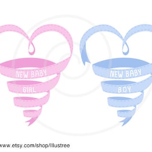 New Baby, It's a Boy, a Girl, Digital Clip Art Set, Heart Shaped Ribbon ...