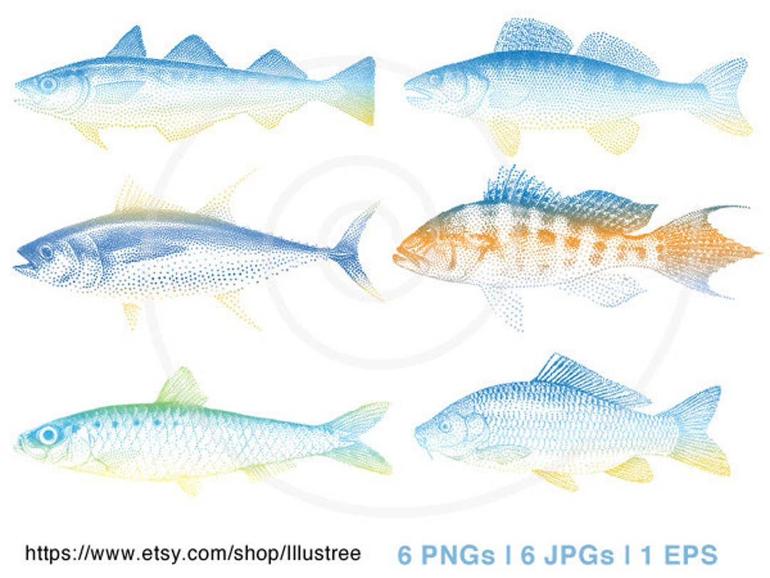 Fish Digital Clip Art, Blue Sea Fishes Clipart Set, Ilustration ...