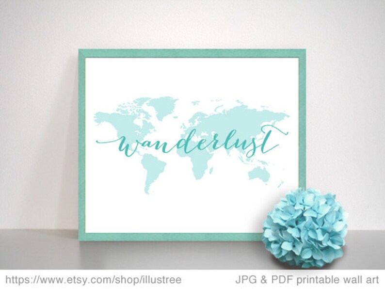 Wanderlust World Map Printable Wall Art Teal and Coral | Etsy