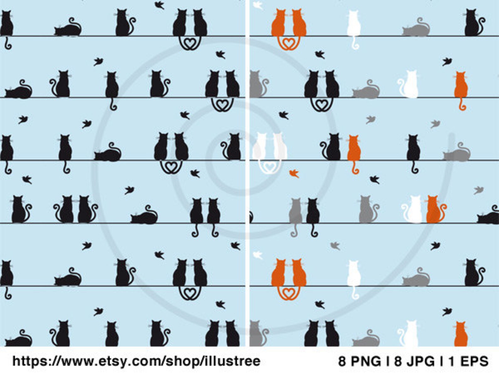 Digital Paper Pack, 8 Scrapbook Papers, Cute Cats and Birds, Seamless ...