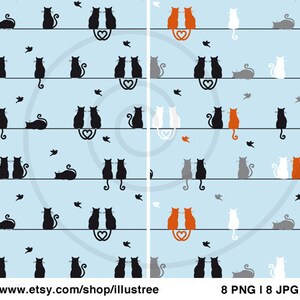 Digital Paper Pack, 8 Scrapbook Papers, Cute Cats and Birds, Seamless ...