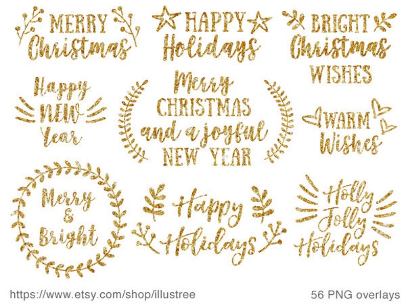 56 Gold Christmas Overlays, Gold Glitter Christmas Clip Art Set for ...