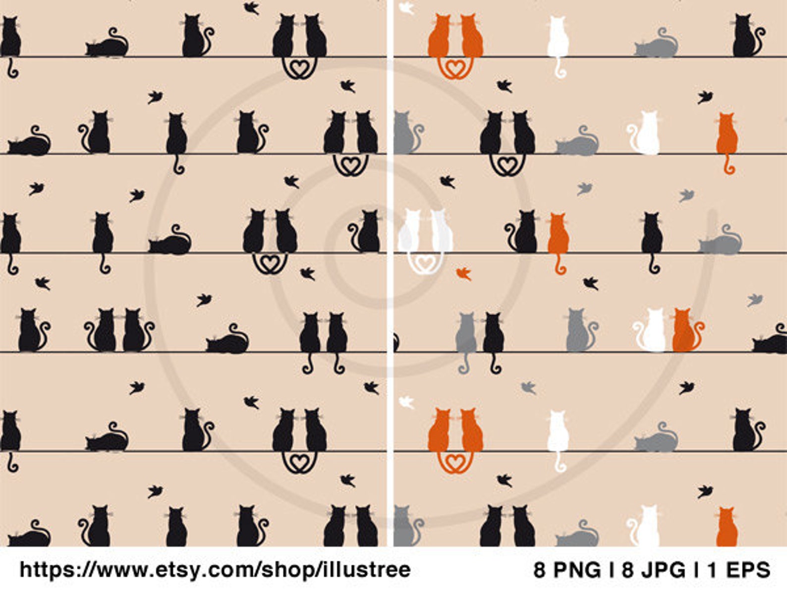 Digital Paper Pack, 8 Scrapbook Papers, Cute Cats and Birds, Seamless ...