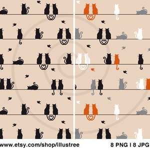 Digital Paper Pack, 8 Scrapbook Papers, Cute Cats and Birds, Seamless ...