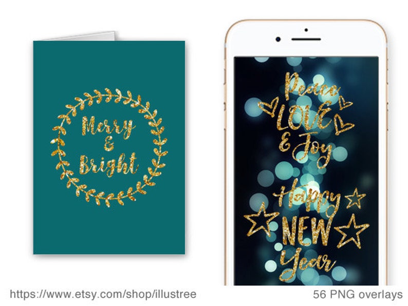 56 Gold Christmas Overlays, Gold Glitter Christmas Clip Art Set for ...