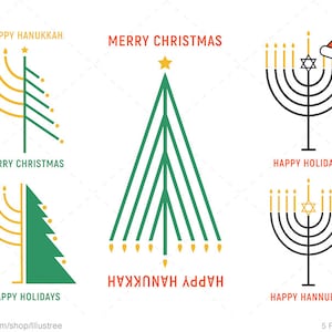 Christmas Tree and Hanukkah Svg, Digital Clip Art for Cards, Menorah ...