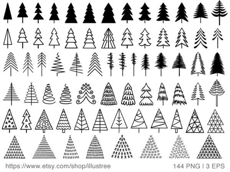 144 Hand-drawn Christmas Trees for Christmas Cards Digital | Etsy