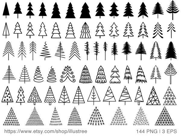 144 Hand-drawn Christmas Trees for Christmas Cards Digital | Etsy