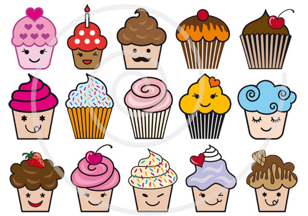 Cupcakes Digital Clipart Set, Cute Kawaii Cupcakes Clip Art, Cake ...