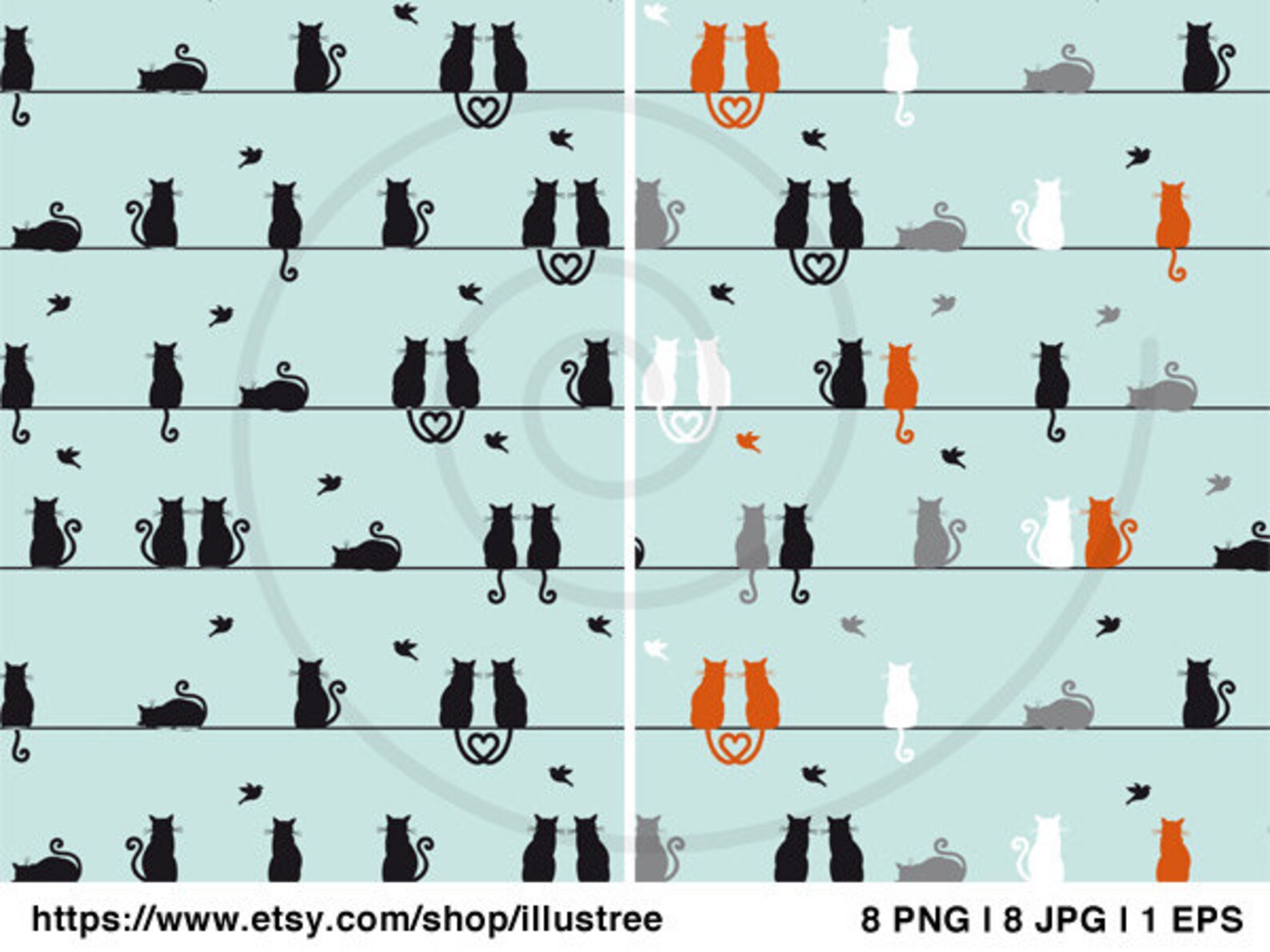 Digital Paper Pack, 8 Scrapbook Papers, Cute Cats and Birds, Seamless ...