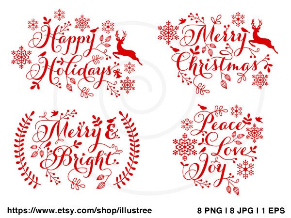 Printable Christmas cards unique digital clip art set | Etsy