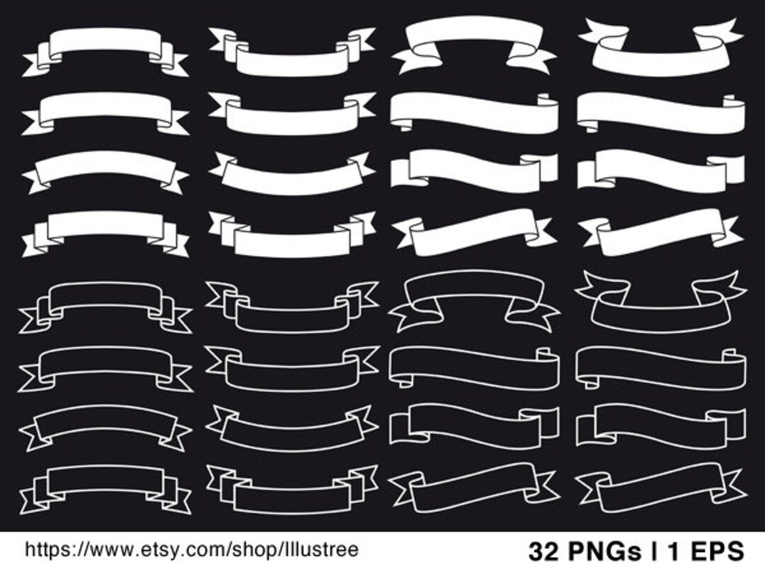 32 White Ribbons, Digital Clip Art, Hand-drawn Vintage Banners ...