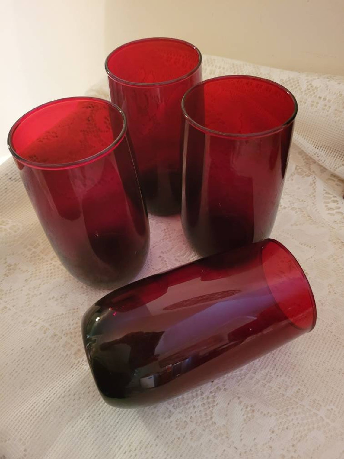 Vintage Set Of 4 Ruby Red Drinking Glassestumblers Etsy