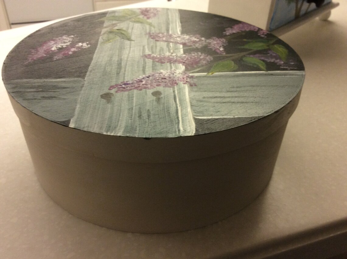 Round Wooden Box With Lilacs Painted on Top - Etsy