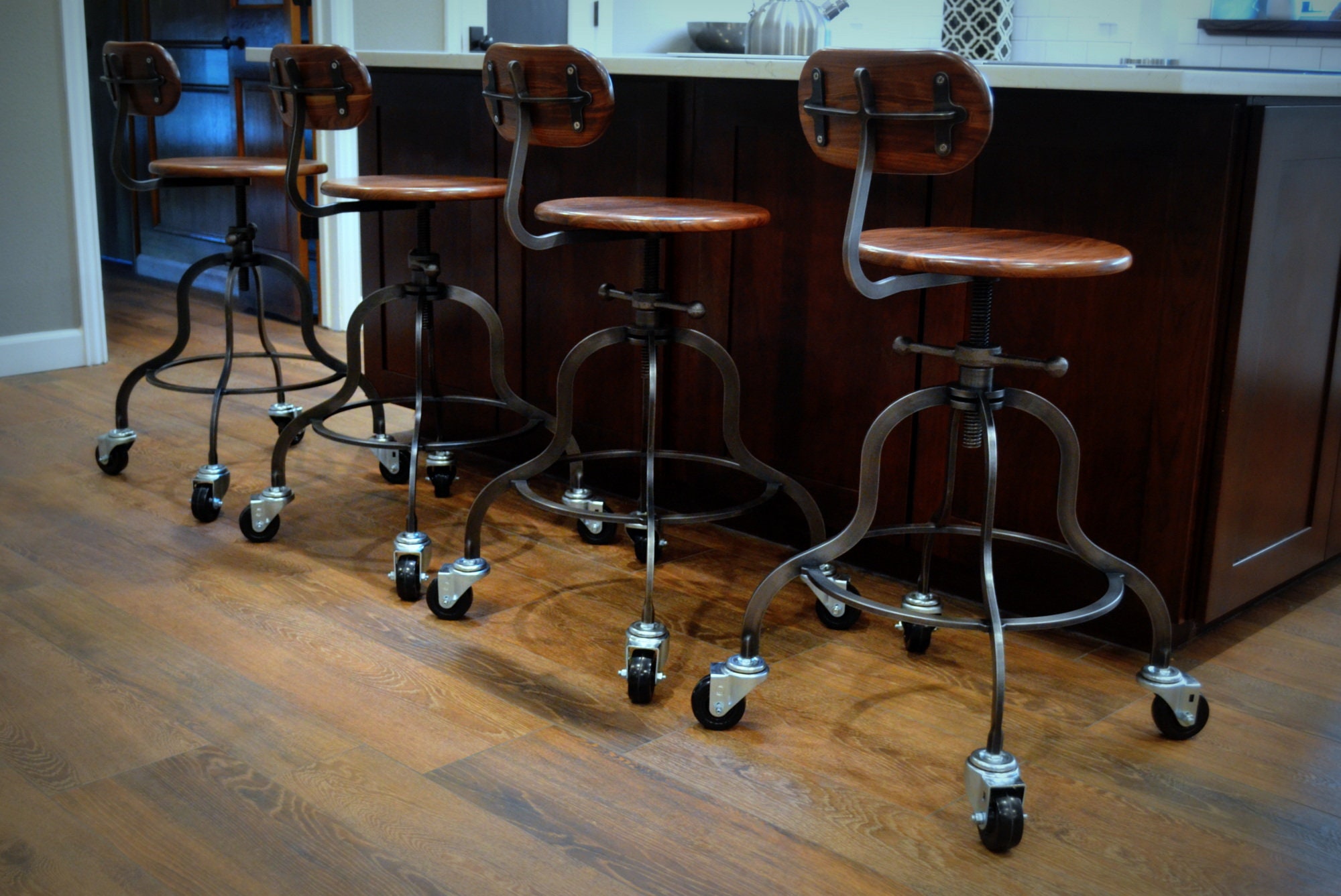 Industrial Bar Stool in Steel and Hardwood With Back and Casters - Etsy