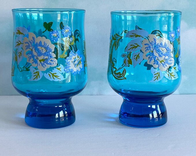 Vtg Blue Floral Juice Glasses, Blue Green Textured Floral Design Cobalt ...