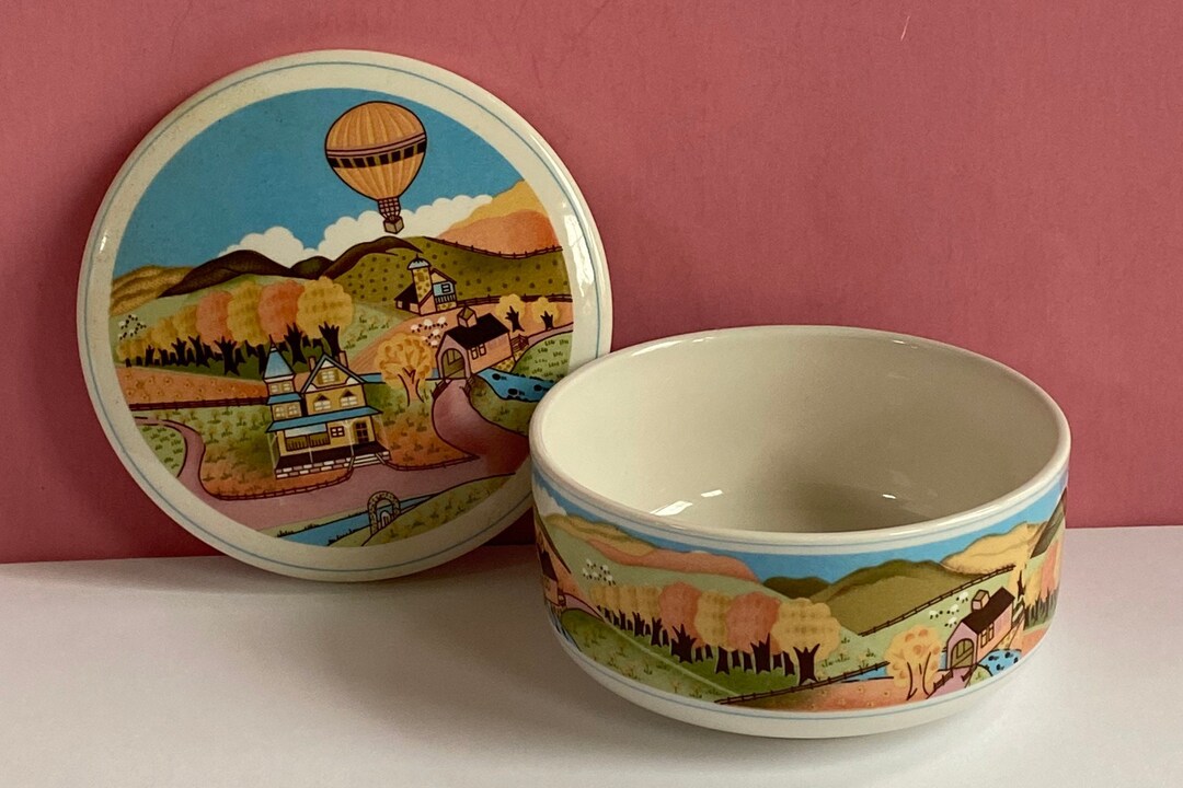 Vtg Hankook Hot Air Balloon Landscape Lidded Trinket Box Korea, Village ...