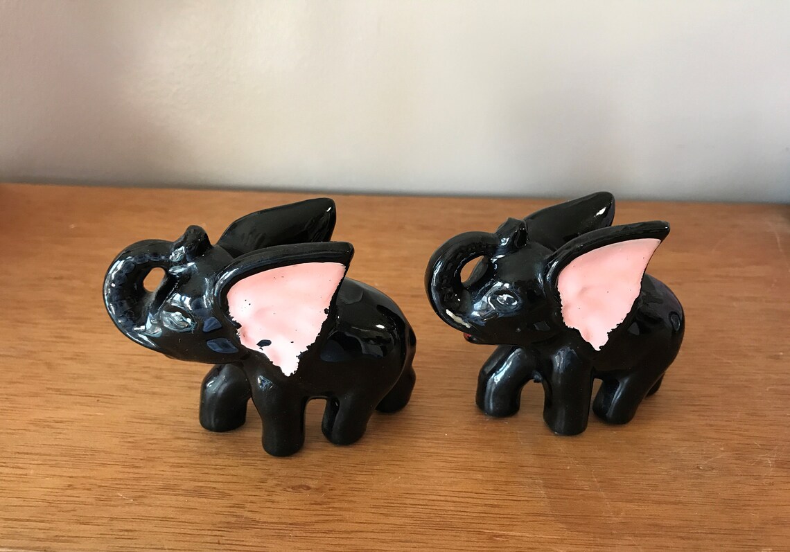 Mid Century Elephant Figurines Redware Pottery Black Laquer | Etsy