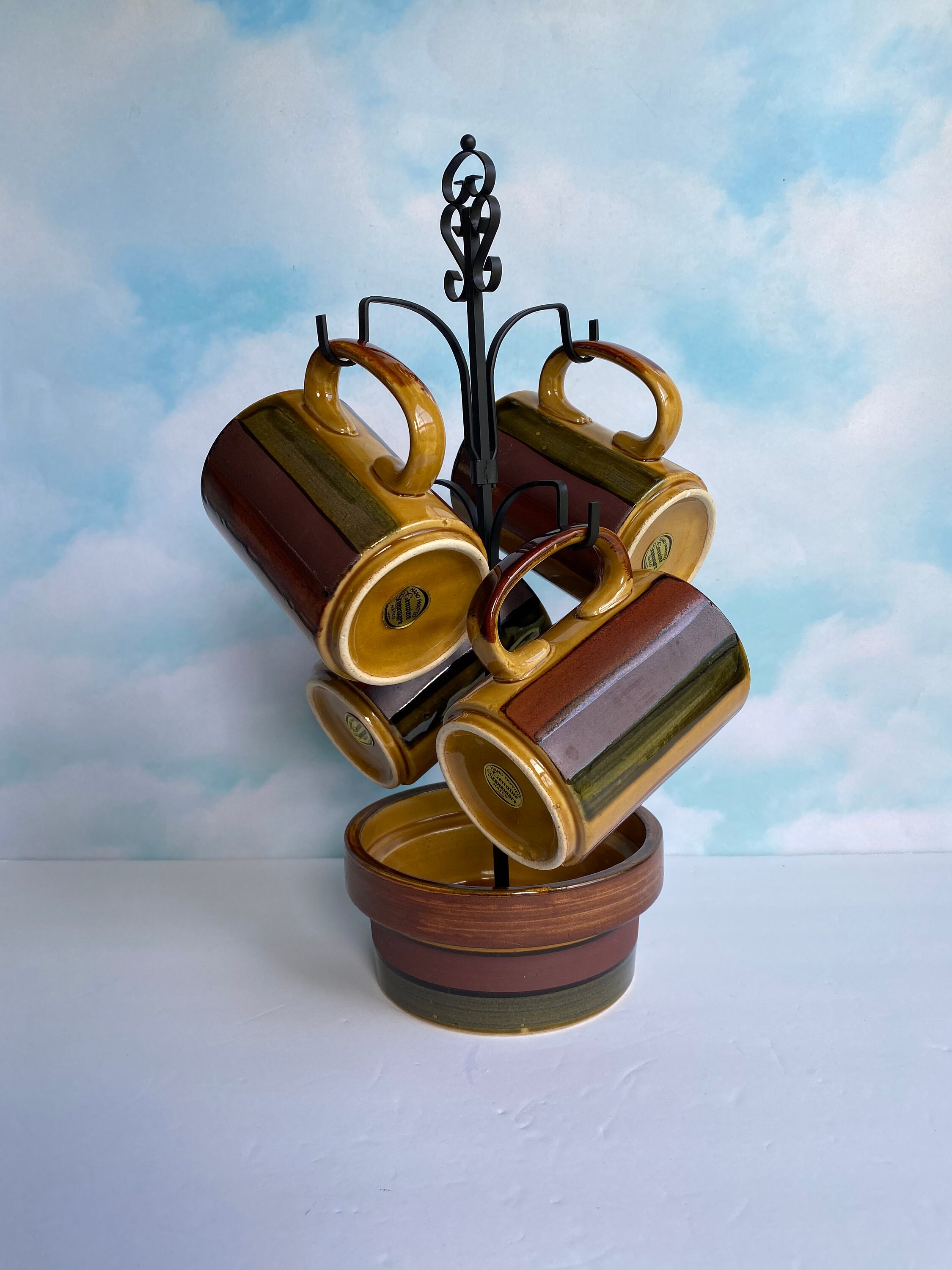 Vtg Stoneware Mugs and Mug Tree Set, Retro Nasco Japan Brown Stoneware ...
