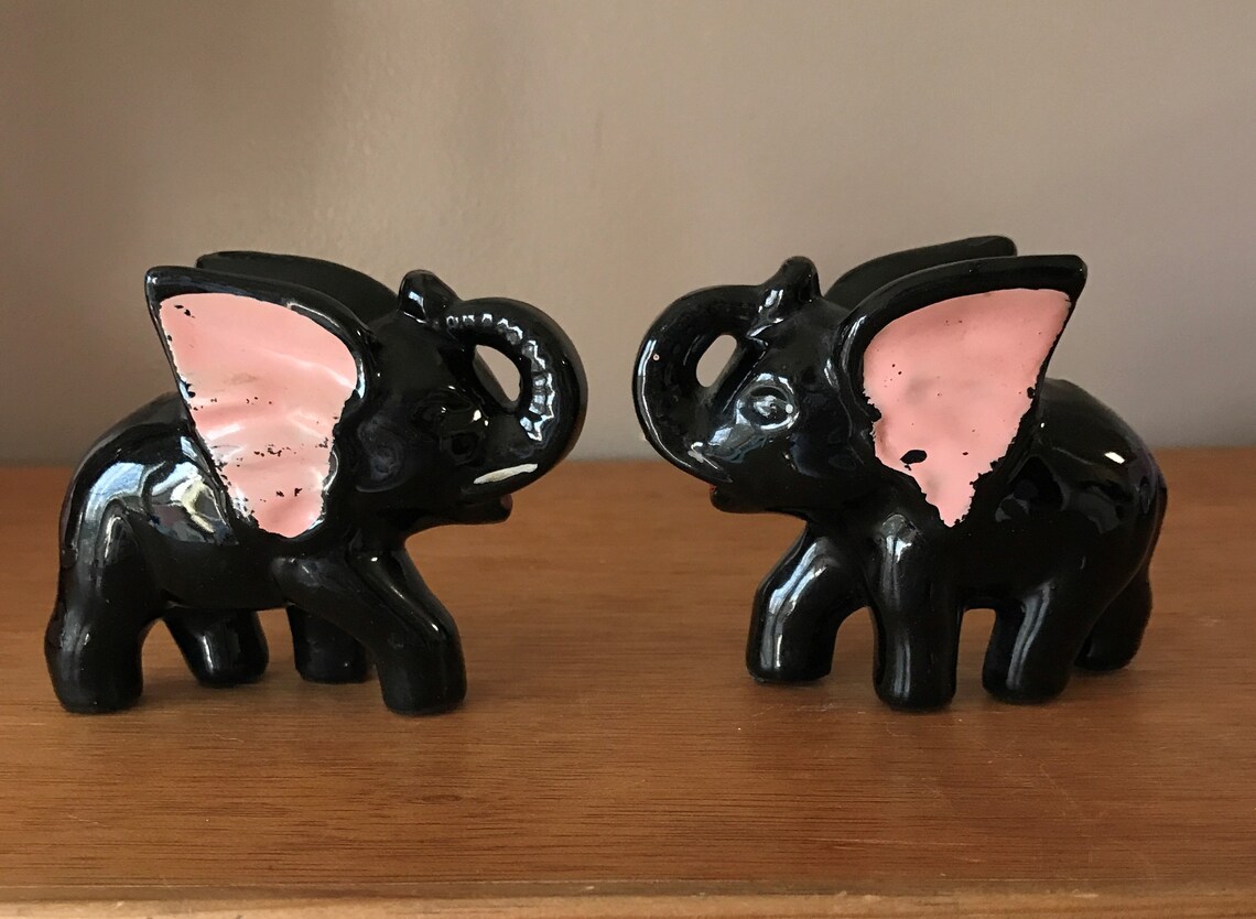 Mid Century Elephant Figurines Redware Pottery Black Laquer | Etsy