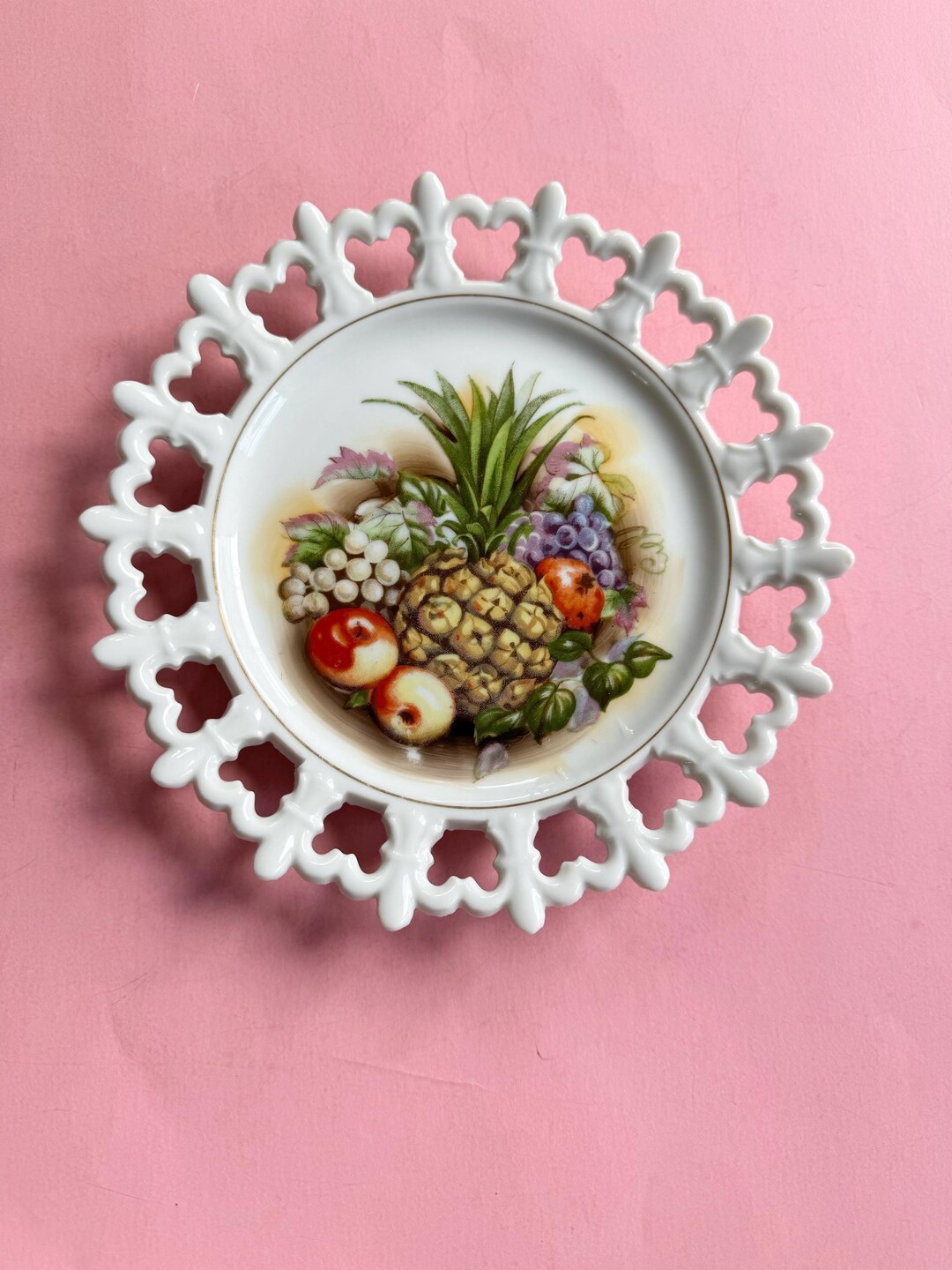 Vtg Lace Edge Fruit Design Decorative Plate, 8" Diameter Hand Painted ...