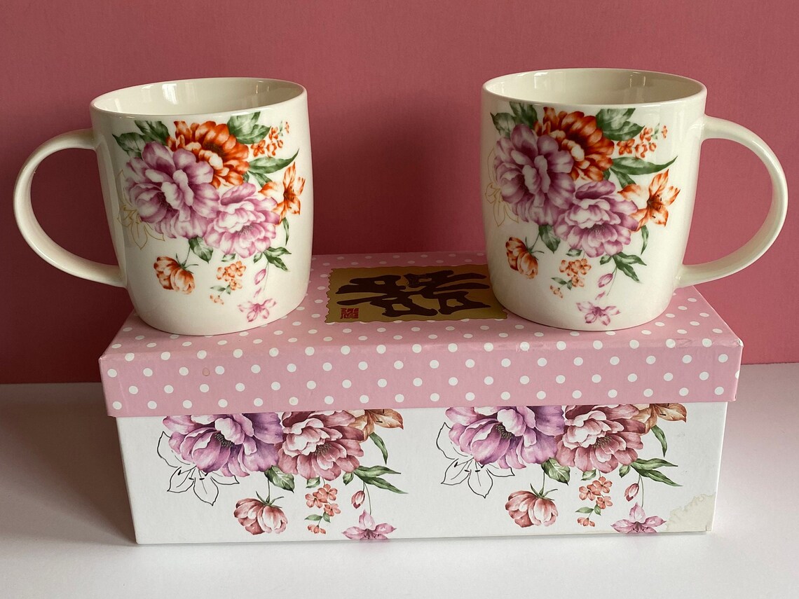 Mug Box Set Two Floral Peony Mugs in Pink and Orange Koko - Etsy