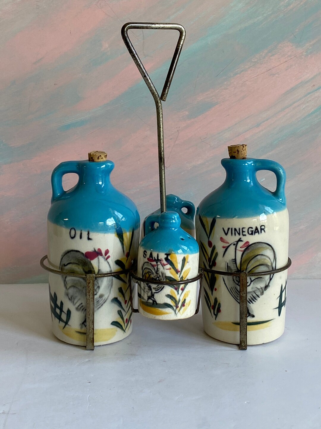 Vtg Condiment Caddy Set Japan, Ceramic Oil, Vinegar, Salt, Pepper Blue ...