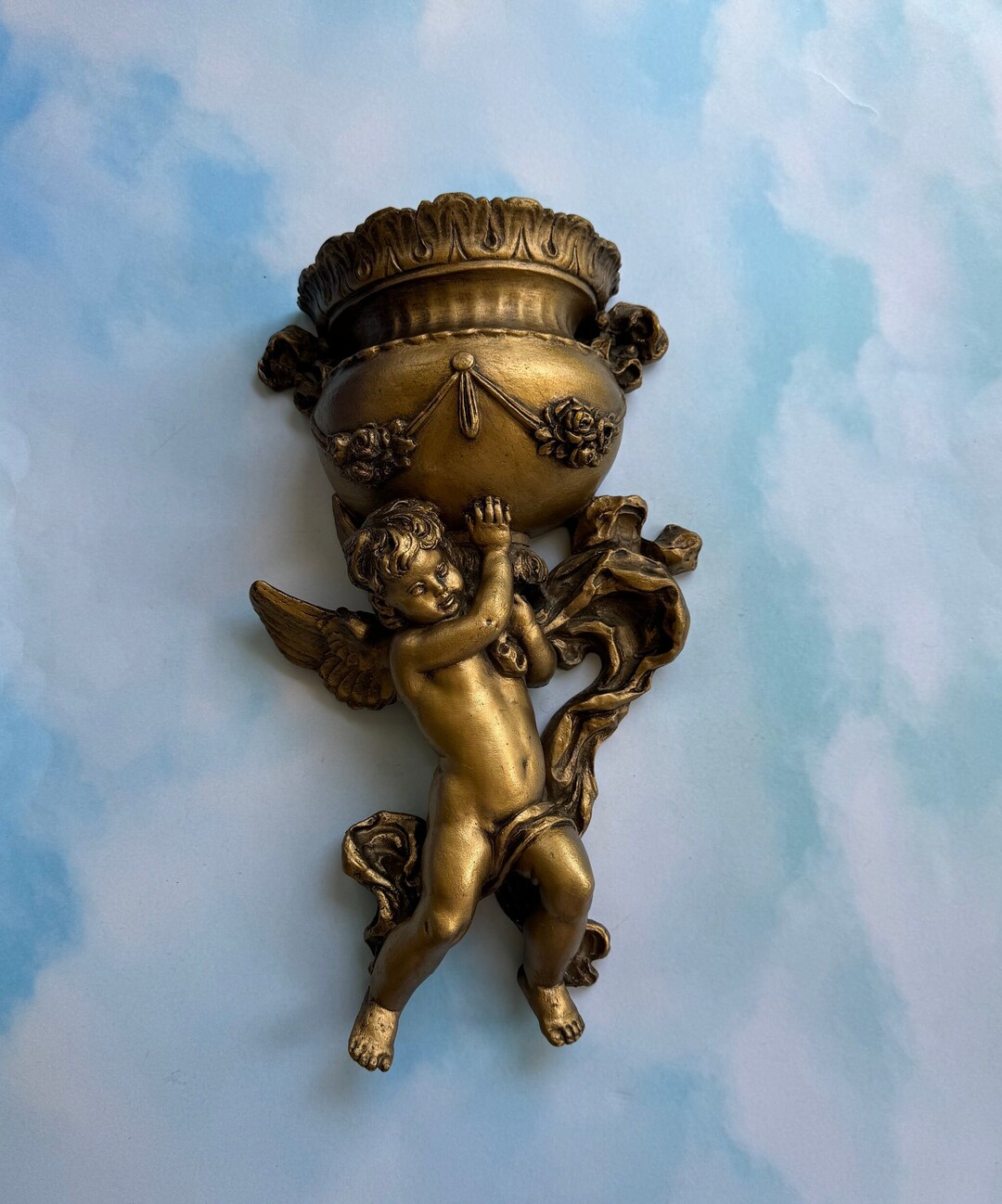 Vtg Cherub Wall Sconce Gold Finish Cherub Holding Vase Sconce Wall ...