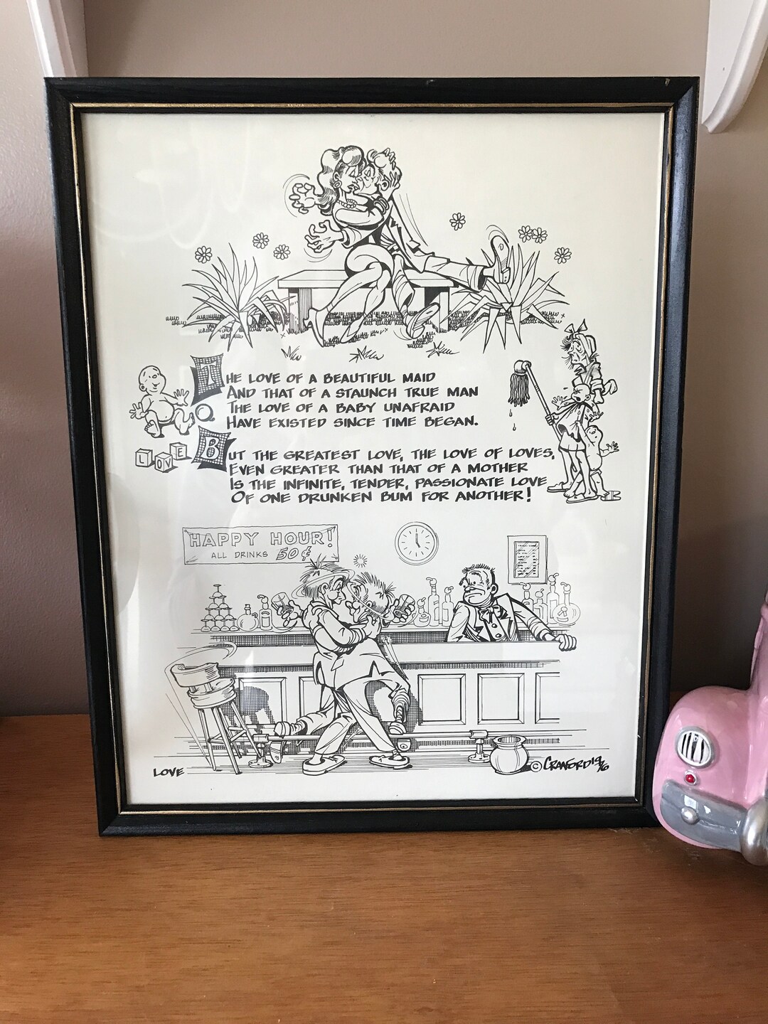 Vtg Bar Print Cartoon Framed, Limerick Poem, "love" Signed Cranford ...