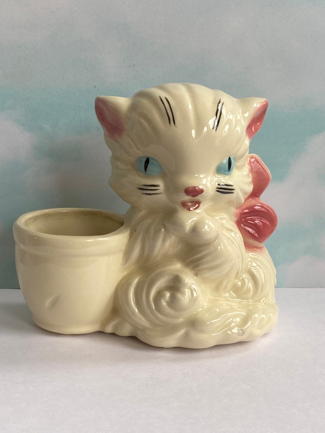 Vtg Ceramic Cat Planter Vase, Large White Cat Pink Bow, Blue Eyed White ...