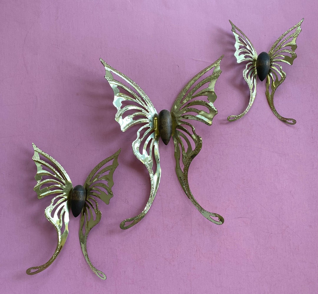 Vtg Set 3 three Metal Butterflies, Lightweight Tin With Wood Bodies Set ...