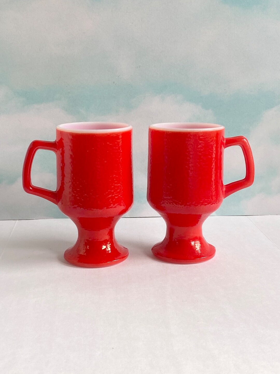 Vtg Set 2 Red Pedestal Mugs, Red Mugs With Milk Glass Insides and ...