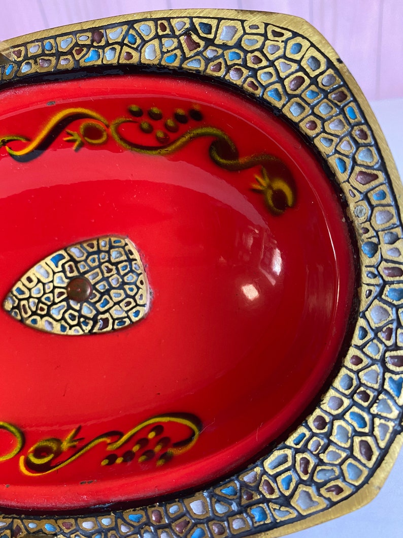 Vtg Brass and Enamel Red Footed Handled Dish, Made in Jerusalem, Israel ...