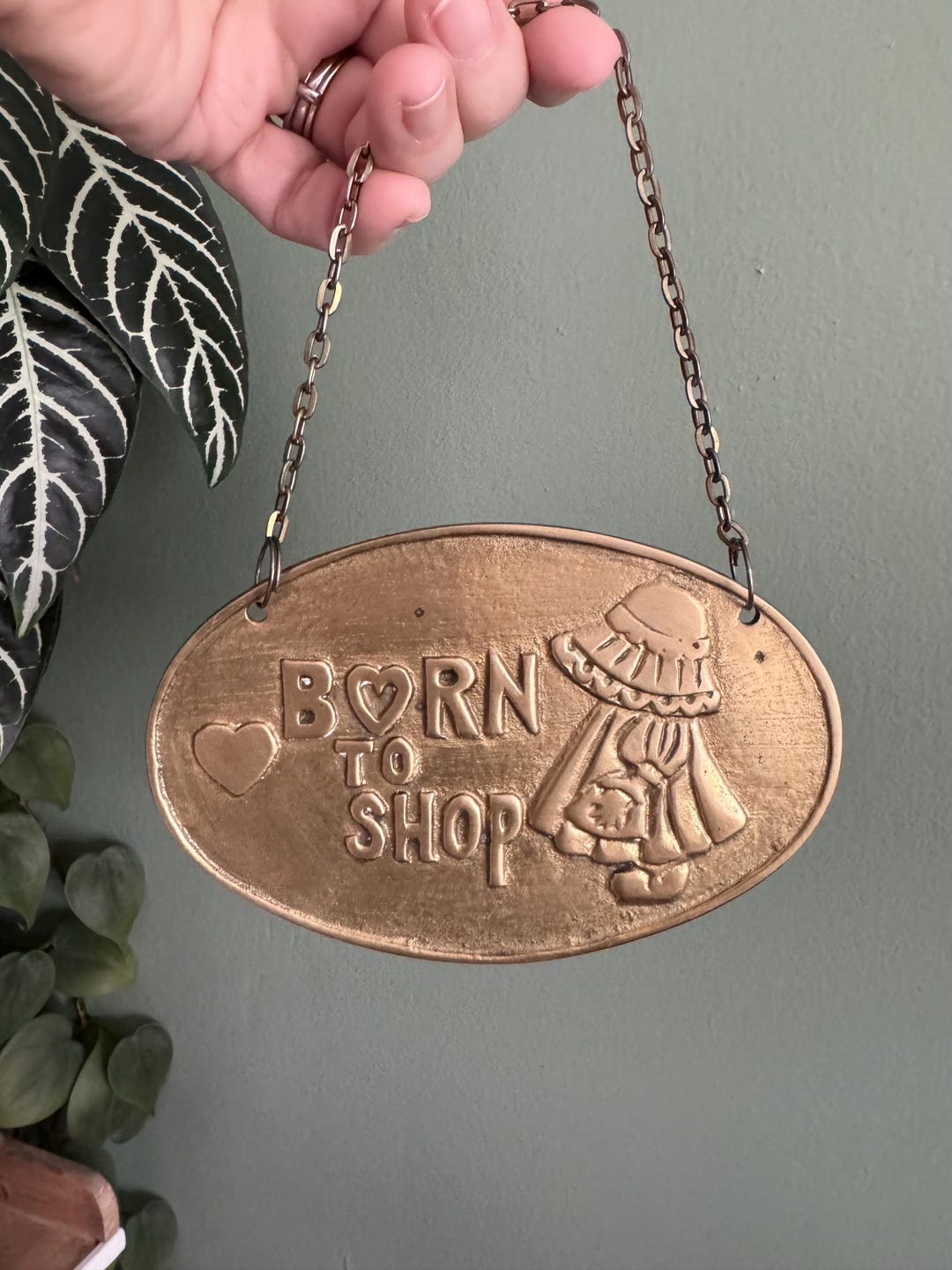 Vintage Brass Born to Shop Holly Hobbie Hanging Sign on Chain, Upper ...