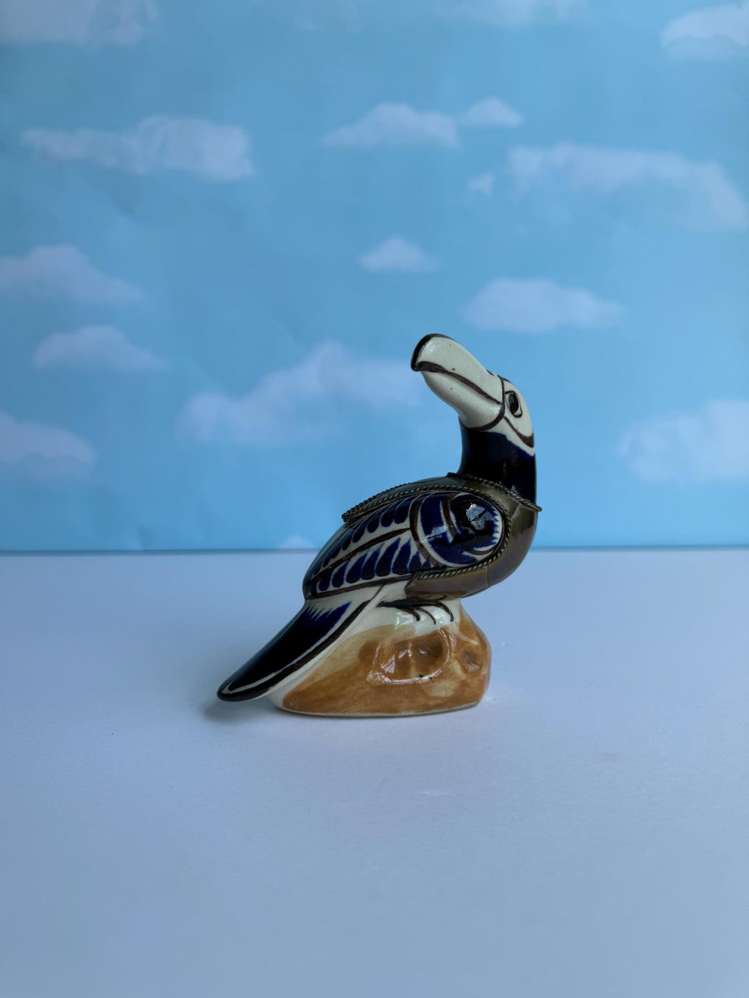 Vtg Tonala Mexican Pottery Toucan With Brass Overlay Blue & White Bird ...