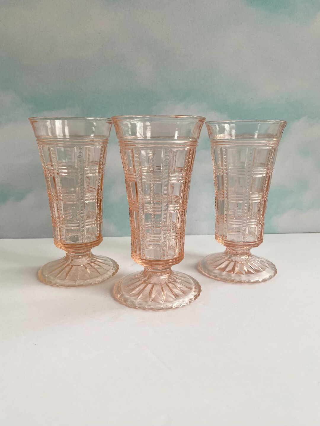 Vtg Imperial Pink Depression Glass Beaded Block Footed Parfait Glasses ...