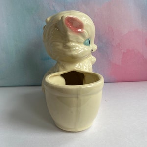 Vtg Ceramic Cat Planter Vase, Large White Cat Pink Bow, Blue Eyed White ...