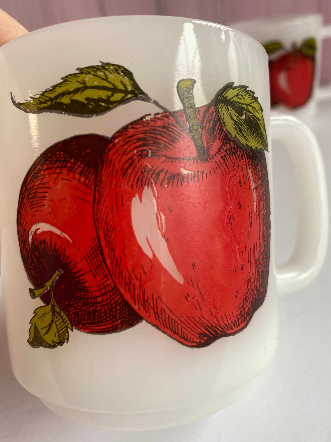 Vtg Glasbake Apple Mugs White Milk Glass Mugs with Apple | Etsy