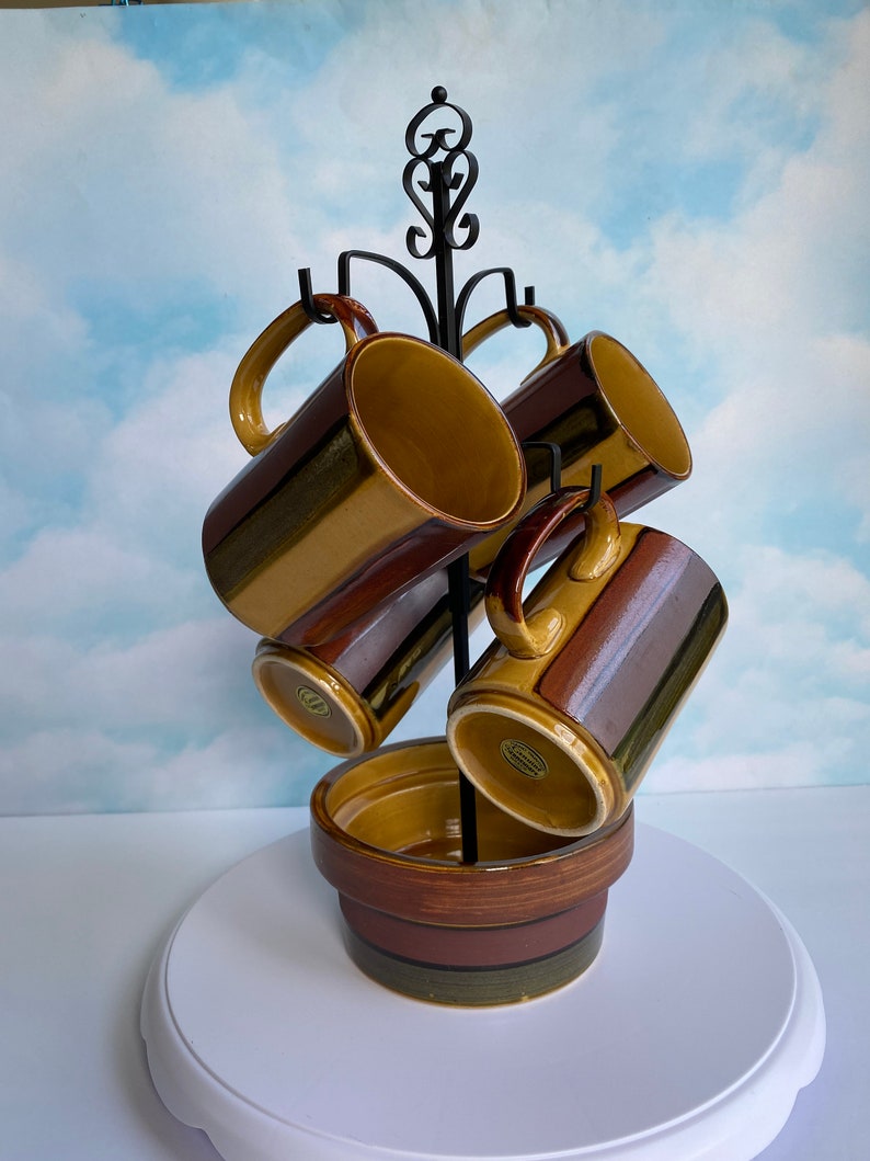Vtg Stoneware Mugs and Mug Tree Set, Retro Nasco Japan Brown Stoneware ...