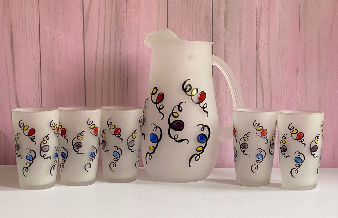 Vtg Frosted Confetti Hand Painted Glass Small Pitcher and Glass Set ...