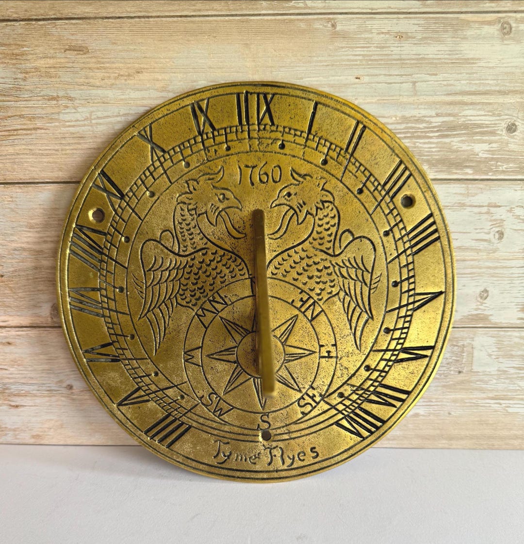Vtg Brass Sundial 1760 "tyme Flyes" Solid Brass Engraved Two Phoenix ...