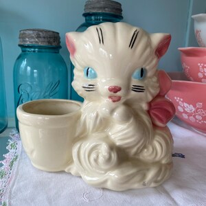 Vtg Ceramic Cat Planter Vase, Large White Cat Pink Bow, Blue Eyed White ...
