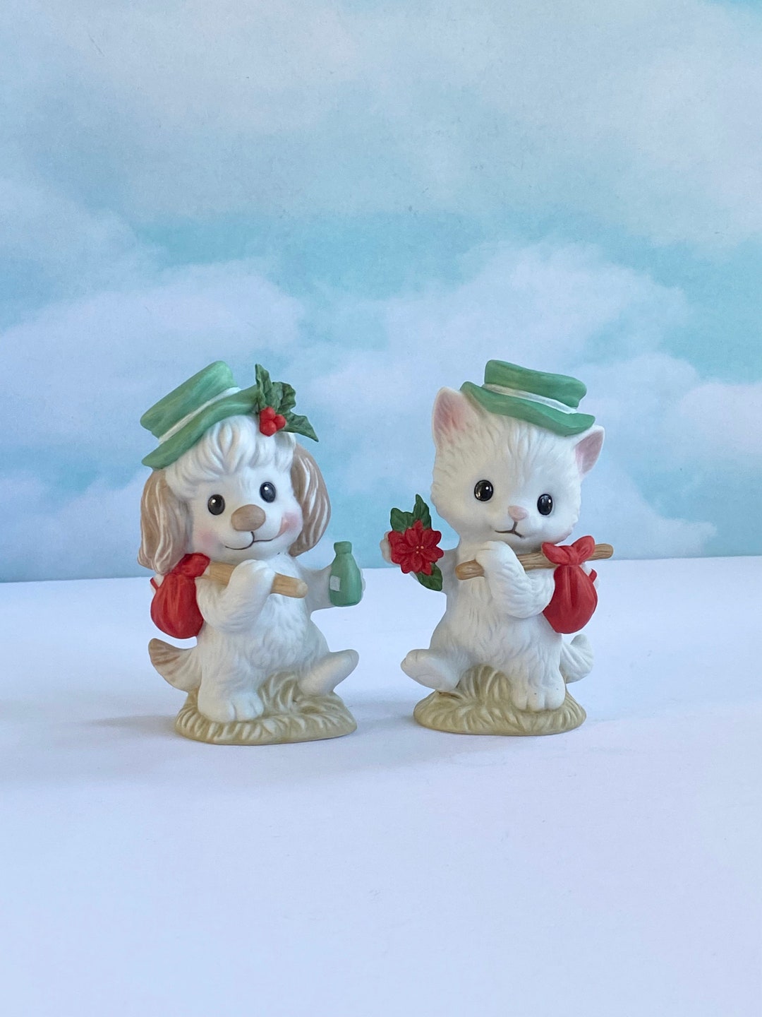 Vtg Hobo Holiday Cat and Dog Christmas Figurines, 4.50 Bisque Porcelain ...