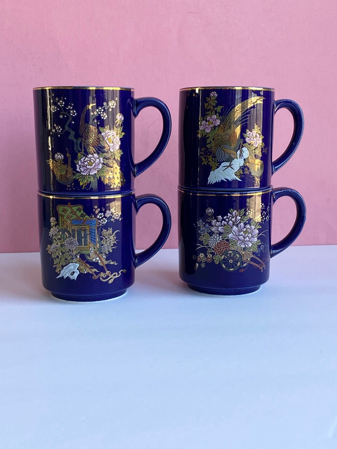 Vtg Cobalt Blue Mug Set of 4 Mugs With Asian Design, Gold Trimmed ...