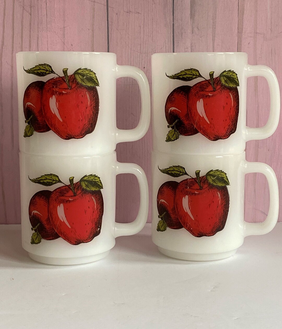 Vtg Glasbake Apple Mugs, White Milk Glass Mugs With Apple Design, Set ...