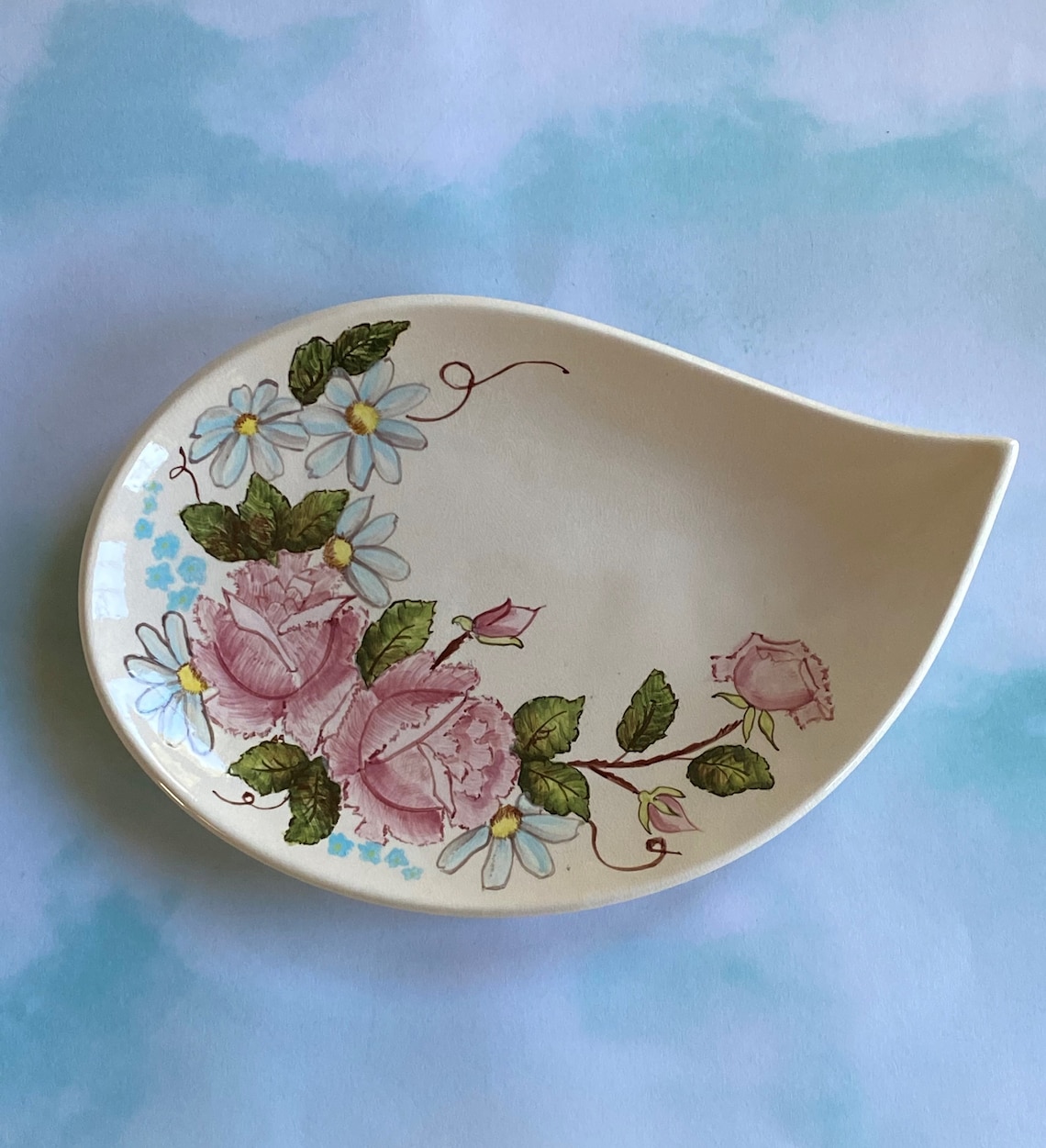 Vtg Rose Plate, Atomic Shape Rose Dish, MCM Rose Floral Plate, Footed ...