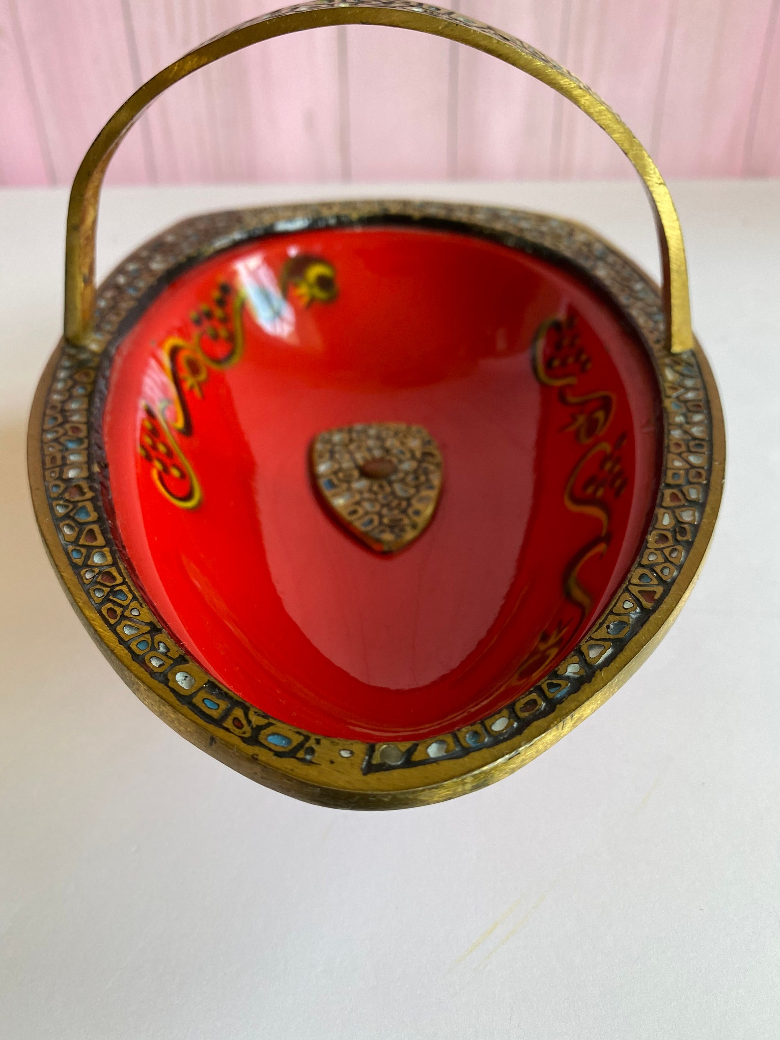 Vtg Brass and Enamel Red Footed Handled Dish, Made in Jerusalem, Israel ...