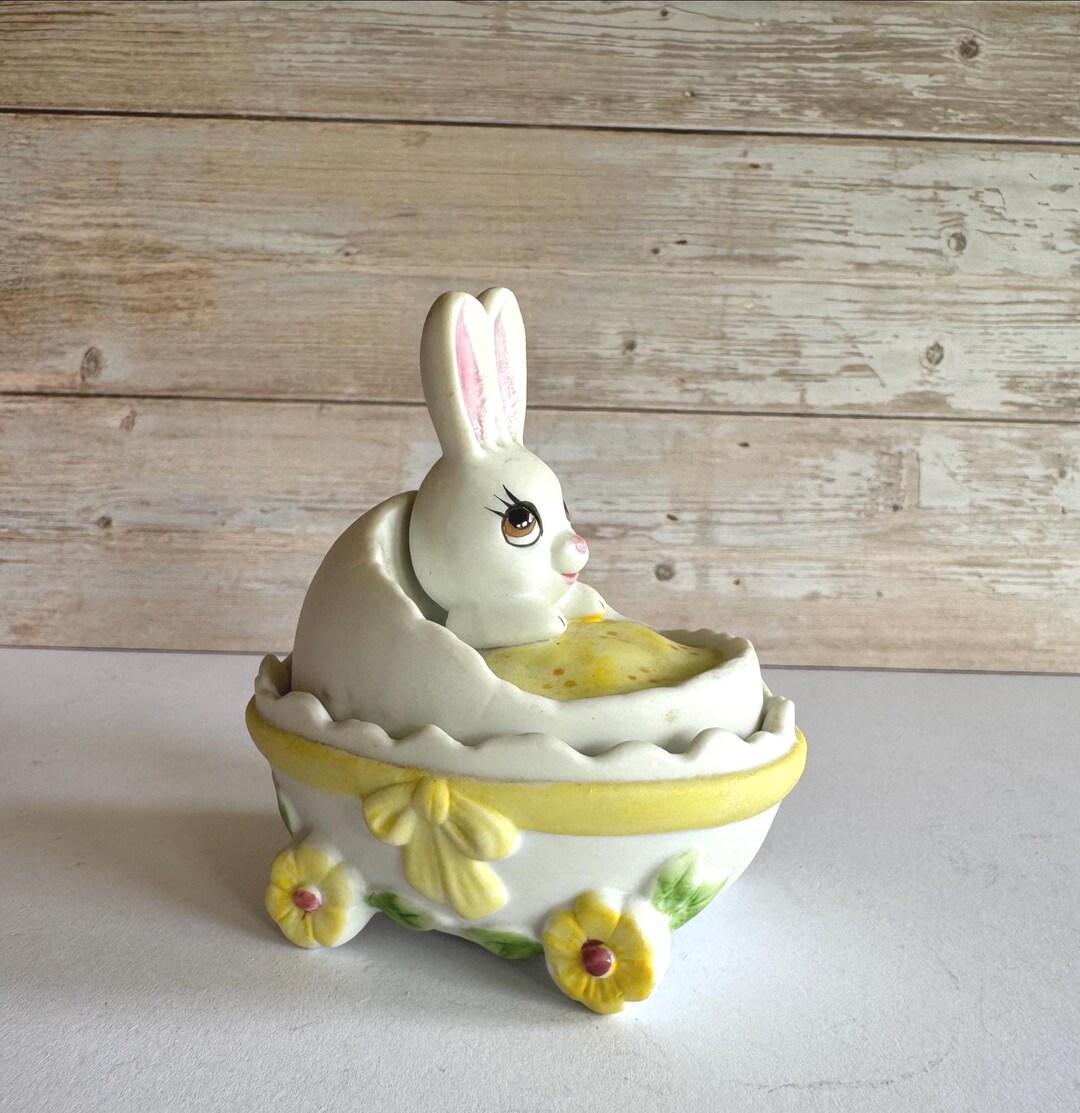 Vtg Lefton Bunny in Egg Cart Ceramic Box, Lidded Baby Bunny Stroller ...